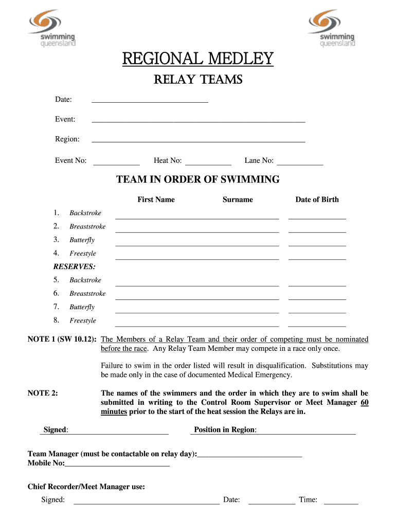 Fillable Online cqswim org Regional Medley Relay Form - Central ...