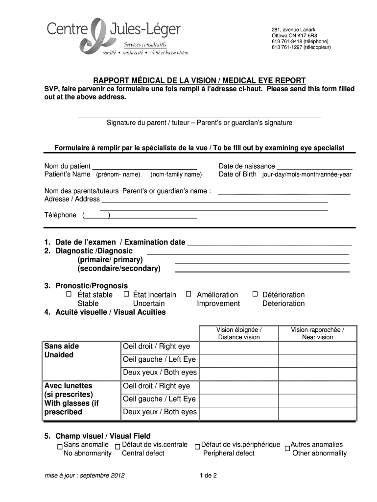 Fillable Online RAPPORT MDICAL DE LA VISION MEDICAL EYE REPORT SVP Fax ...