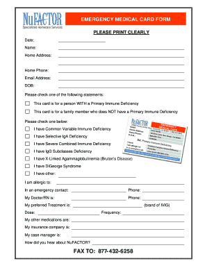 Fillable Online BNuFACTORb Emergency Medical Card Form IVIG1web Fax ...