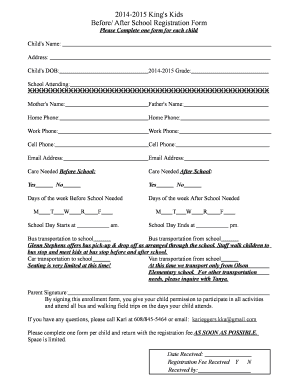 Fillable Online 2014-2015 King039s Kids Before After School Registration Form Fax Email Print ...