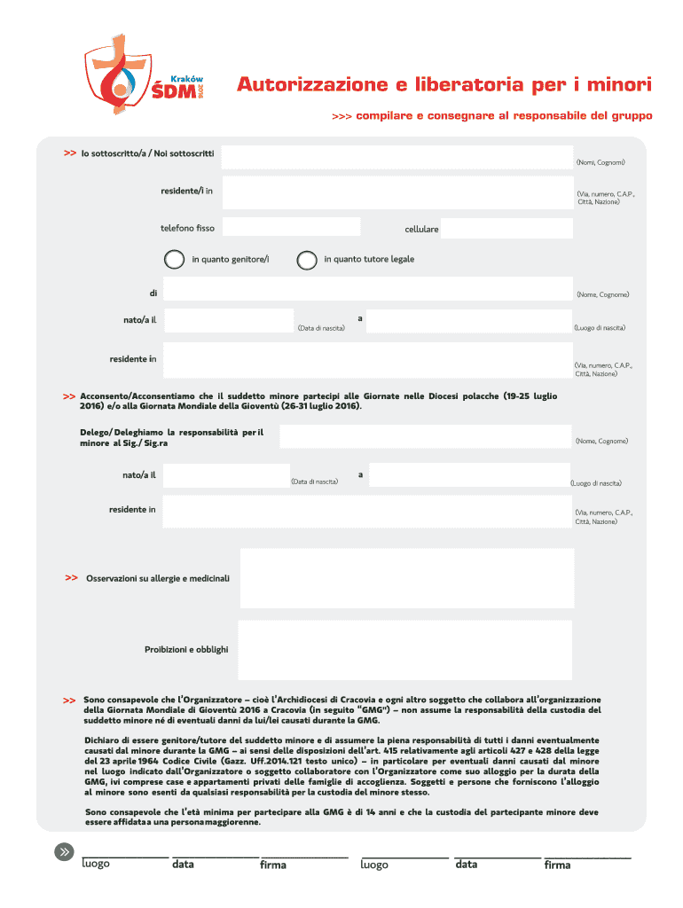 Compilabile Online Autorizzazione e liberatoria per i minori Fax Email ... Compilabile Online Autorizzazione e liberatoria per i minori Fax Email ...
