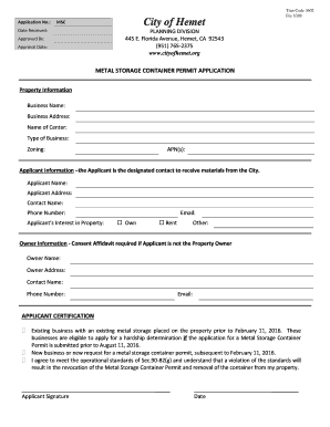 Fillable Online cityofhemet Metal Storage Container Permit Application ...