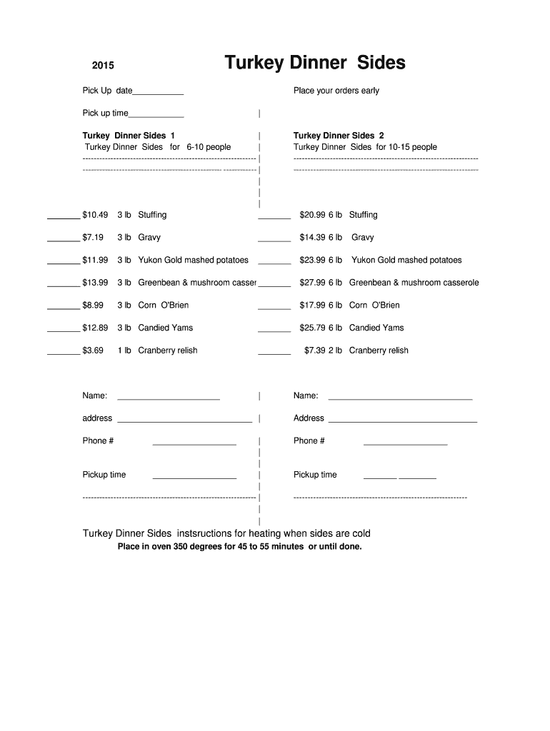 Fillable Online View Printable Turkey Dinner Sides Order Form Fax Email ...
