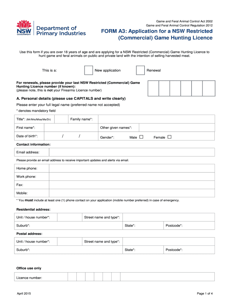 Fillable Online dpi nsw gov BFORMb A3 Application for a NSW Restricted bCommercialb Game bb ...