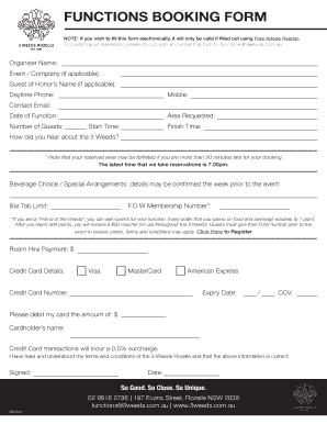 Fillable Online FUNCTIONS BOOKING FORM - 3 Weeds Fax Email Print ...