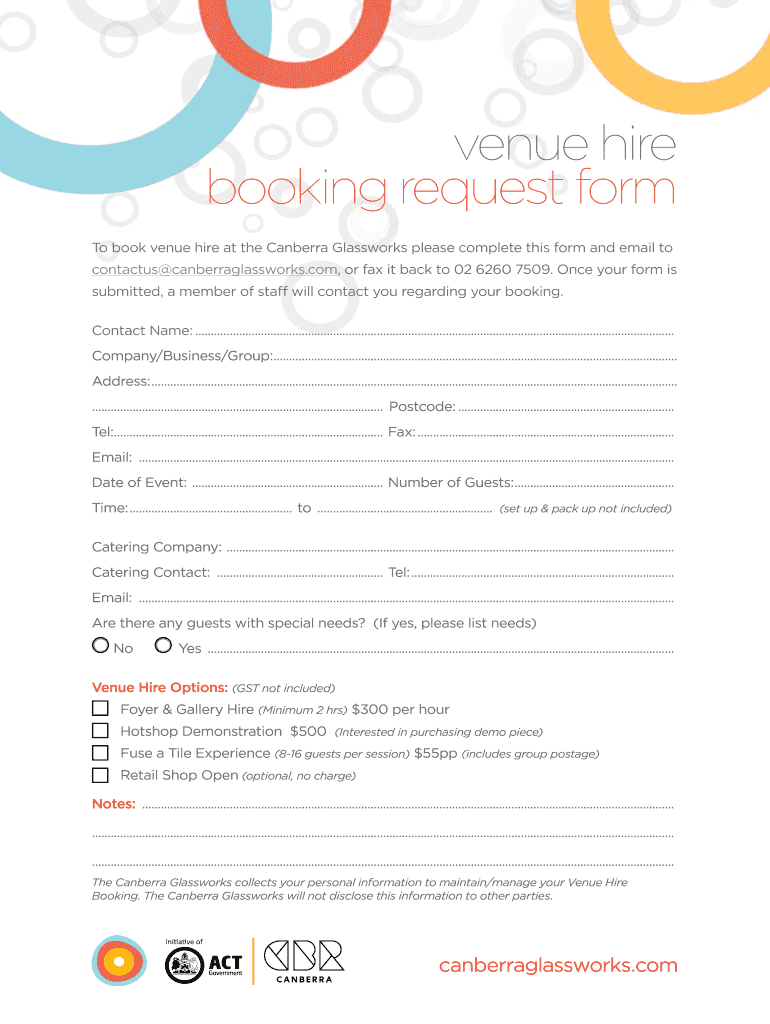 Fillable Online Venue hire booking request form - Canberra Glassworks ...