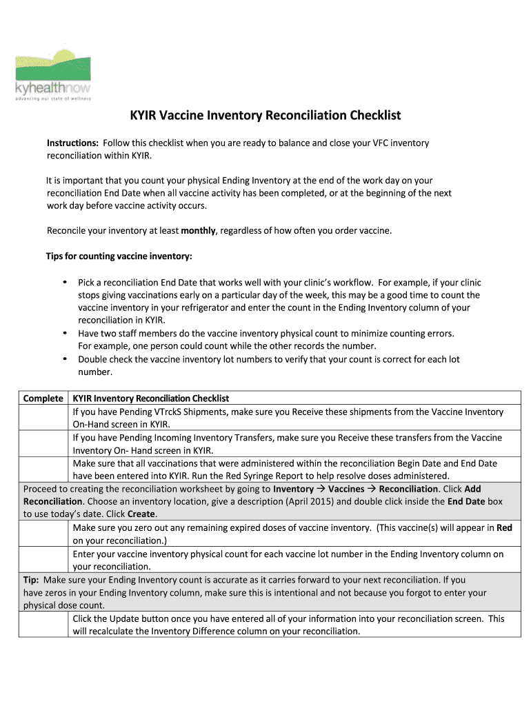 Fillable Online KYIR Vaccine Inventory Reconciliation Checklist Fax ...