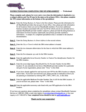 Fillable Online mass INSTRUCTIONS FOR COMPLETING THE NPI SPREADSHEET ...