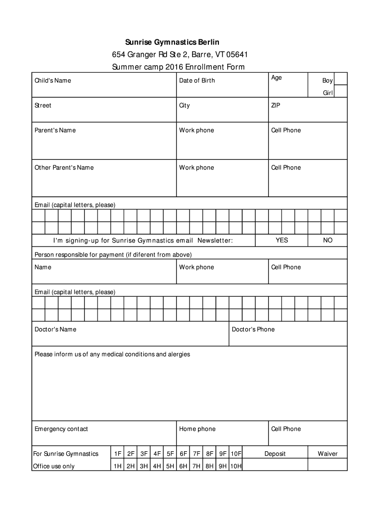 Fillable Online Print Registration Form - Sunrise Gymnastics Fax Email Print - pdfFiller