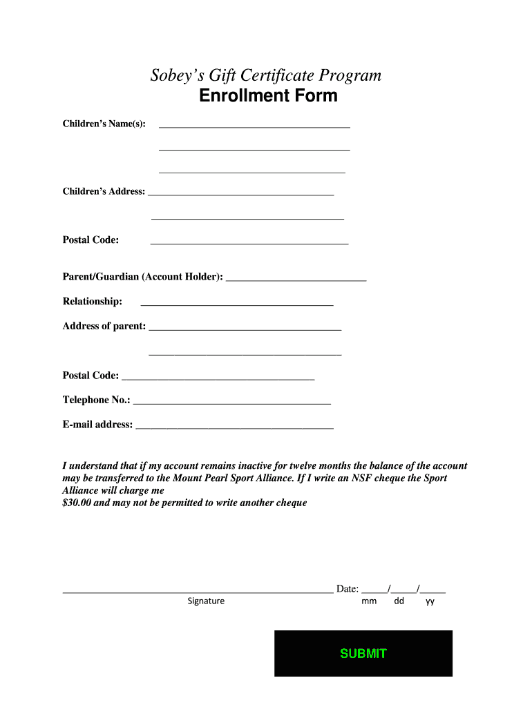 Fillable Online Sobeys Gift Certificate Program Enrollment Form Fax ...