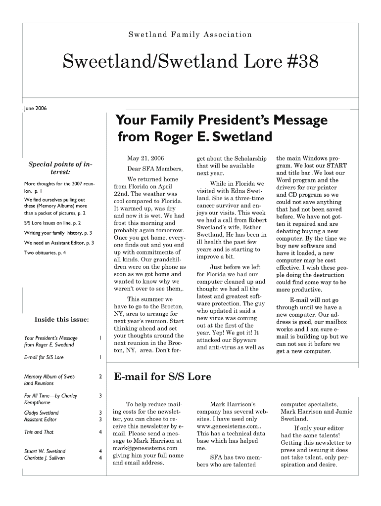 Fillable Online Swetland Family Association SweetlandSwetland Lore 38 ...