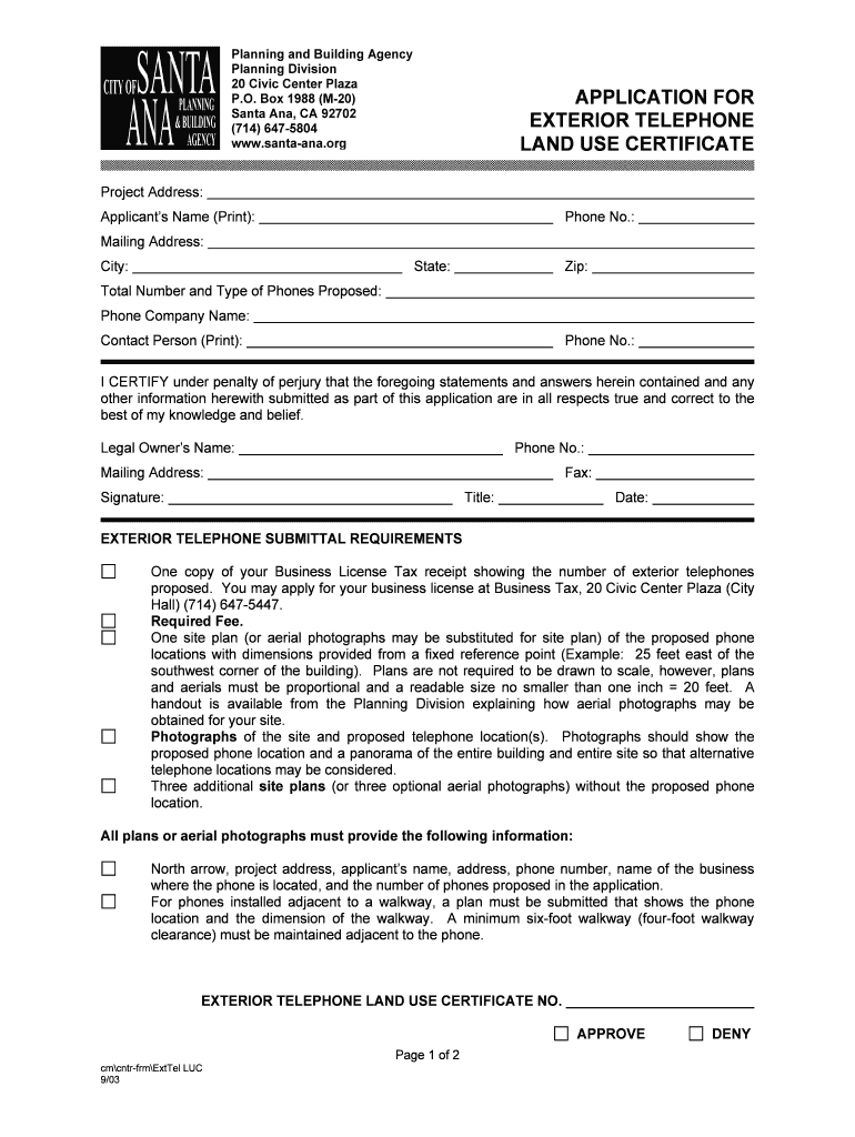 Fillable Online santa-ana Application for exterior telephone land use ...