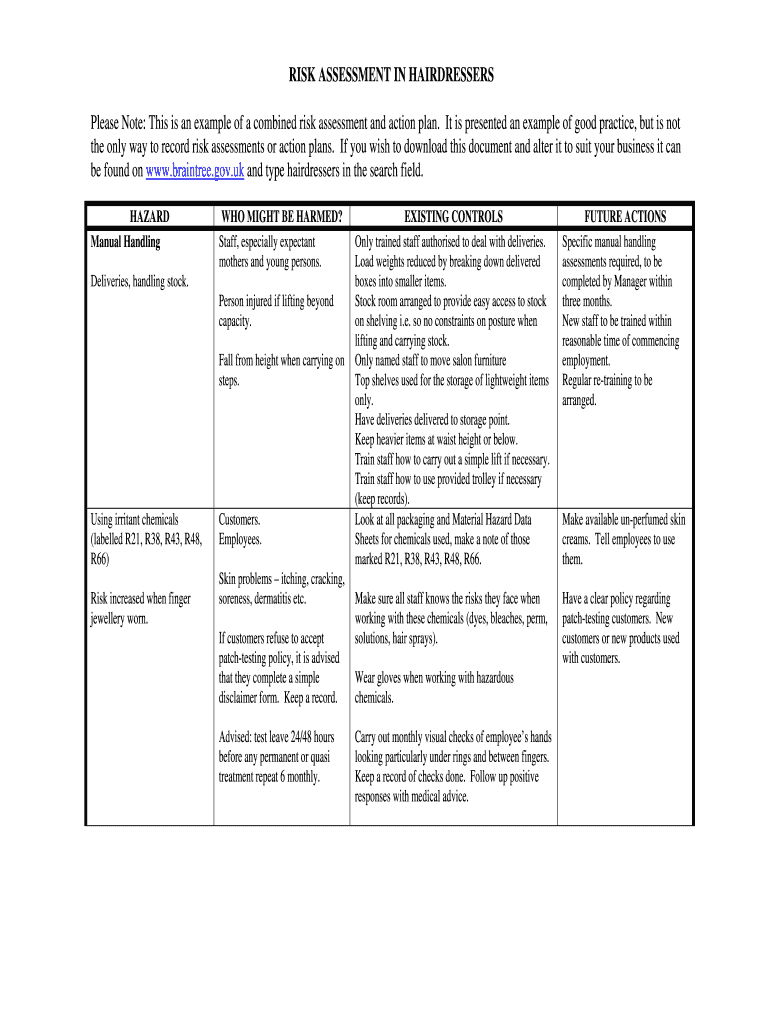 Fillable Online RISK ASSESSMENT IN HAIRDRESSERS Fax Email Print - pdfFiller