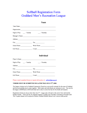 Fillable Online goddardkansas Softball Registration Form Goddard Mens ...