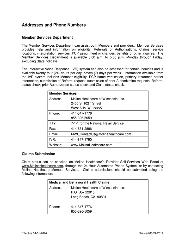 Fillable Online Addresses and Phone Numbers - Molina Healthcare Fax Email Print - pdfFiller