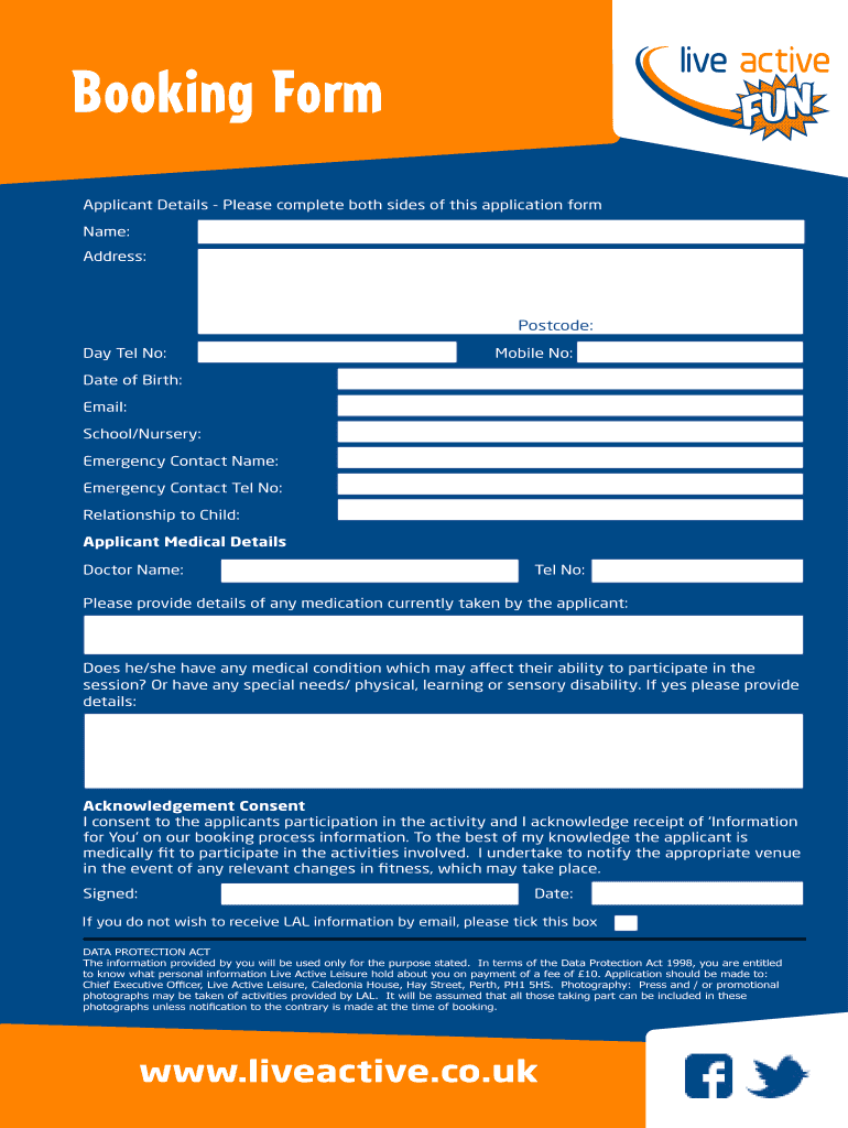 Fillable Online liveactive co Holiday Booking Form - Live Active ...