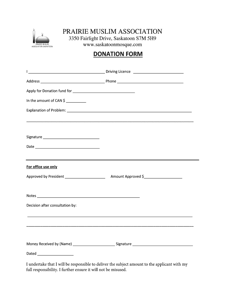 Fillable Online PRAIRIE MUSLIM ASSOCIATION DONATION FORM Fax Email ...