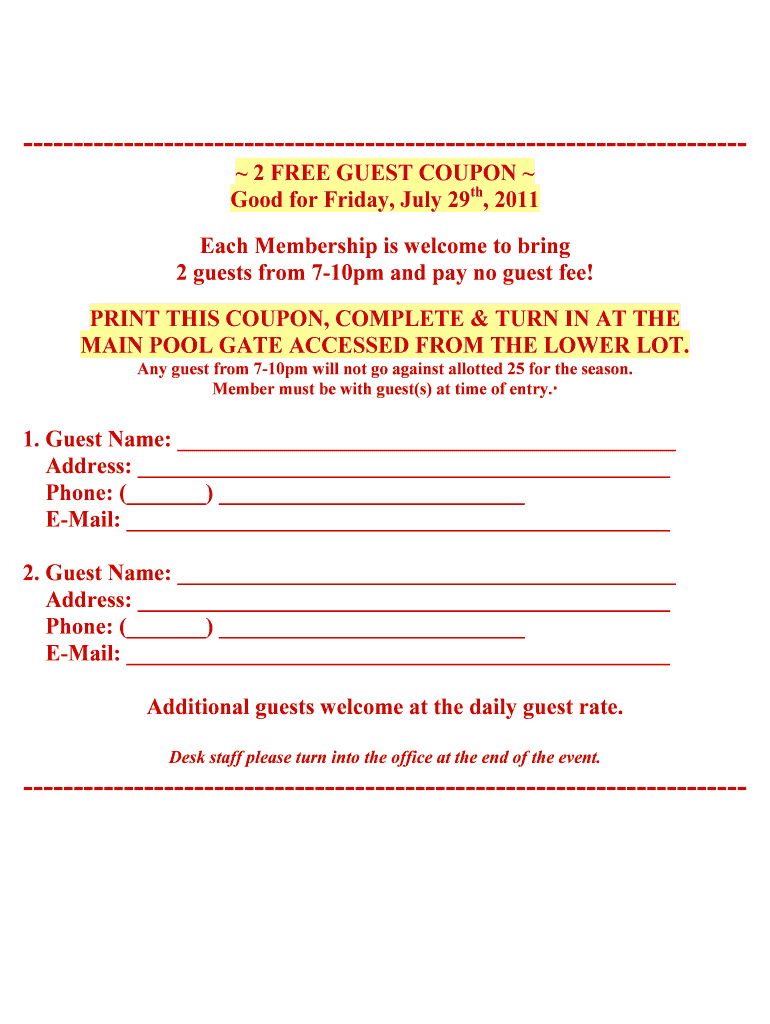 Fillable Online 2 FREE GUEST COUPON Good for Friday ... - The Signature ...