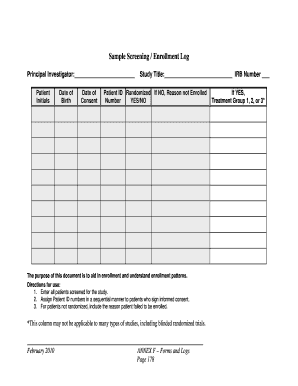 Fillable Online evpr columbia Sample Screening Enrollment Log ...