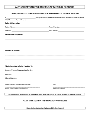 Fillable Online AUTHORIZATION FOR RELEASE OF MEDICAL RECORDSdocx Fax Email Print - pdfFiller