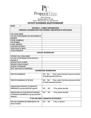 Fillable Online ESTATE PLANNING QUESTIONNAIRE - Properzi Tims Fax Email ...