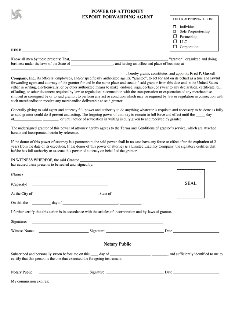 Fillable Online POWER OF ATTORNEY EXPORT FORWARDING AGENT CHECK Fax ...