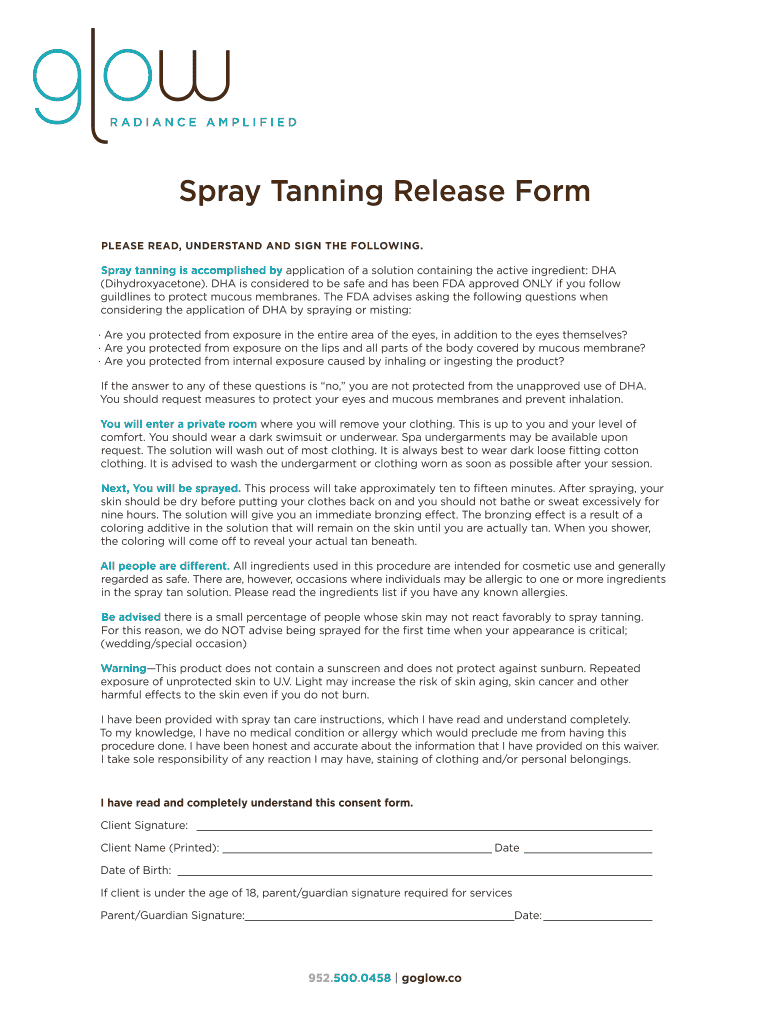 Fillable Online goglow Spray tanning release form - bgoGLOWb Custom ...