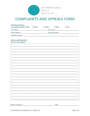 Fillable Online COMPLAINTS AND APPEALS FORM - International Skills ...