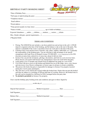 Fillable Online BIRTHDAY PARTY BOOKING SHEET *Date of Birthday Party ...