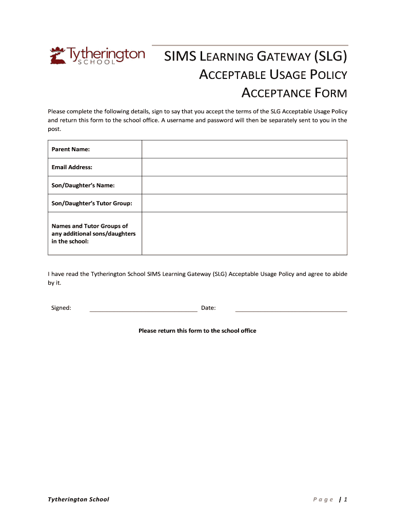 Fillable Online tytheringtonschool co SIMS Learning Gateway SLG ...