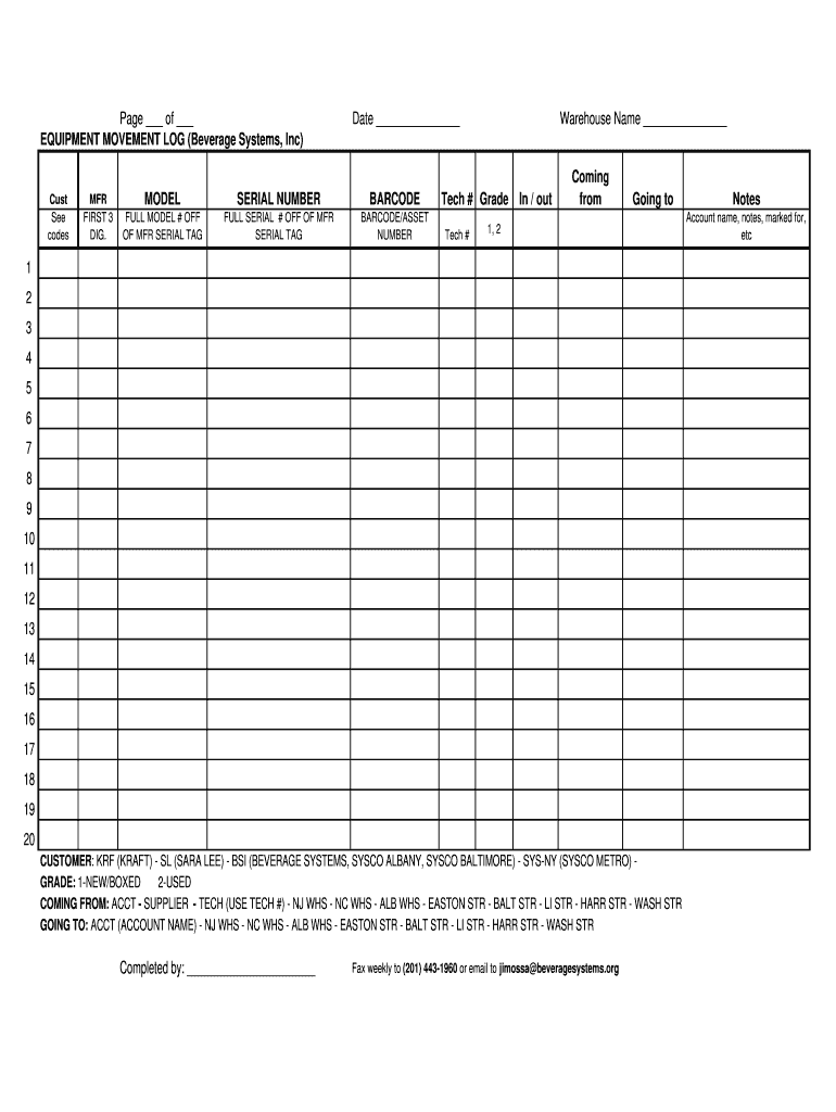 Fillable Online beveragesystems EQUIPMENT MOVEMENT LOG Beverage Systems ...