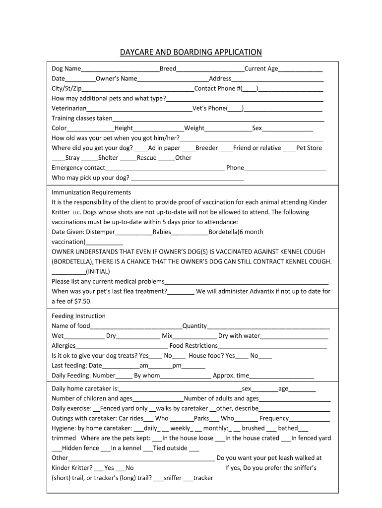 Fillable Online kinderkritter DAYCARE AND BOARDING APPLICATION - Kinder ...