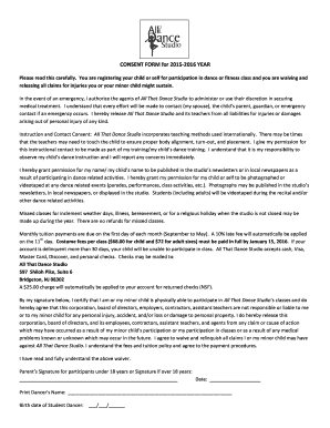 Fillable Online CONSENT FORM for 2015-2016 YEAR - All That Dance Studio ...