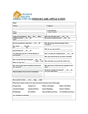 Fillable Online hsofthelakes FOSTER CARE APPLICATION - Humane Society ...