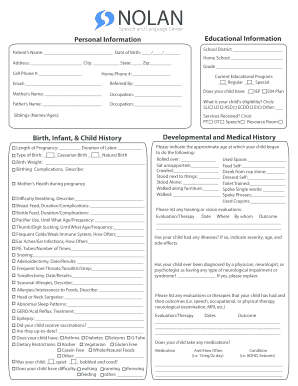 Fillable Online NSLC Intake for Preschool Age - Nolan Speech & Language ...