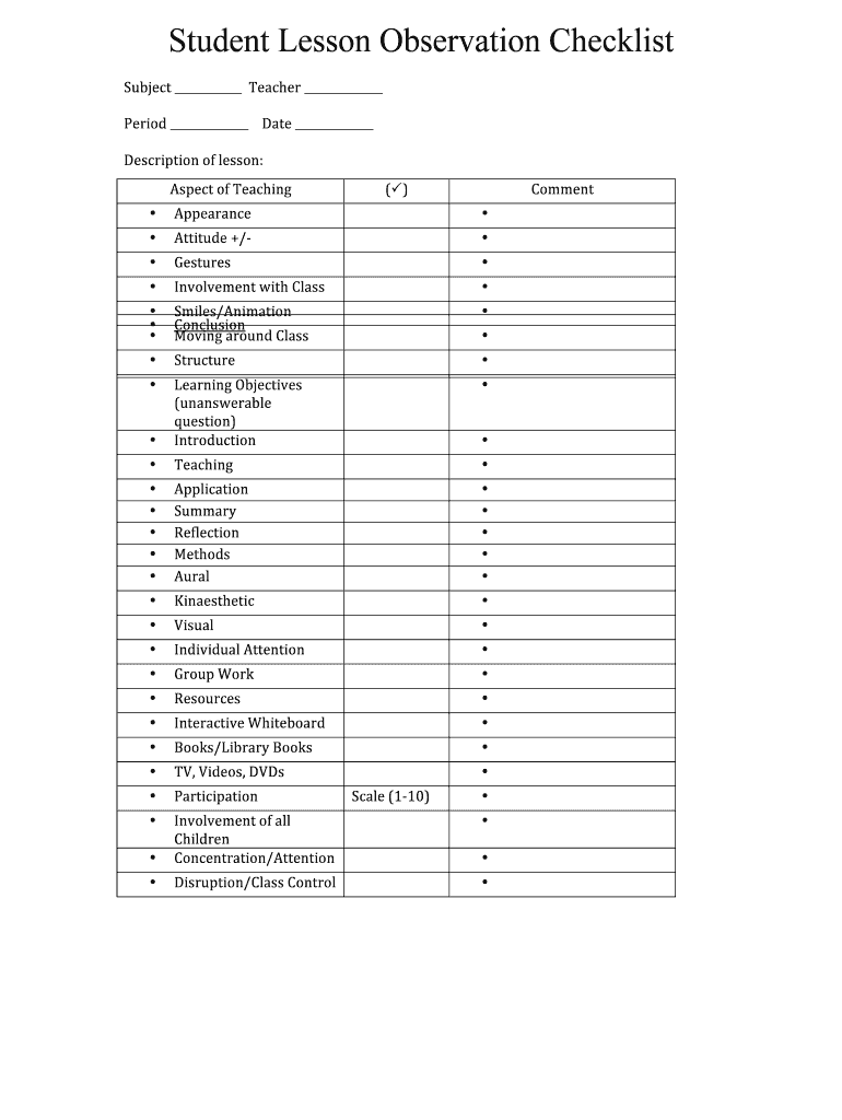 Fillable Online geoffbarton co Student Lesson Observation Checklist ...