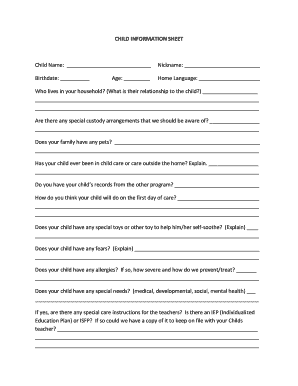 Fillable Online kidzparadise CHILD INFORMATION SHEET ...