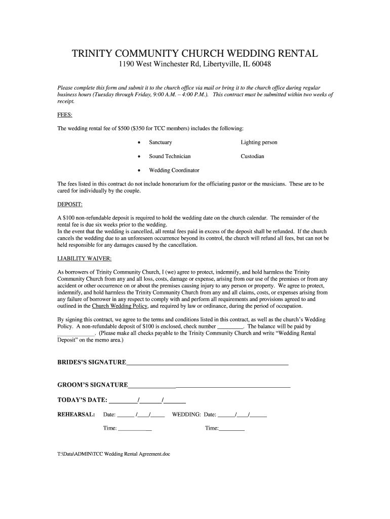 Fillable Online trinitycomchurch Wedding Rental Agreement - Trinity ...