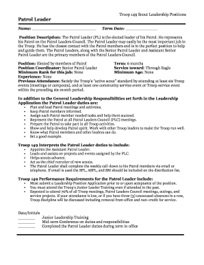 Fillable Online Troop 149 Scout Leadership Positions Patrol Leader Fax ...