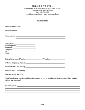 Fillable Online Traveler Profile Form - Turner Travel Fax Email Print ...