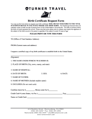 Fillable Online Birth Certificate Request Form - Turner Travel Fax ...