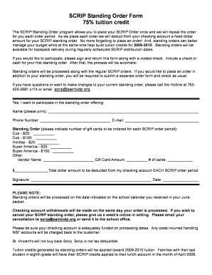 Fillable Online new saintvdp SCRIP Standing Order bFormb 75 tuition credit - new saintvdp Fax ...