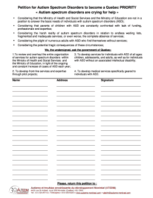 Fillable Online Petition for Autism Spectrum Disorders to ... - Autisme Montr al Fax Email Print ...