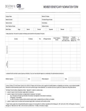 Fillable Online MEMBER BENEFICIARY NOMINATION FORM - Destiny Fund Fax ...