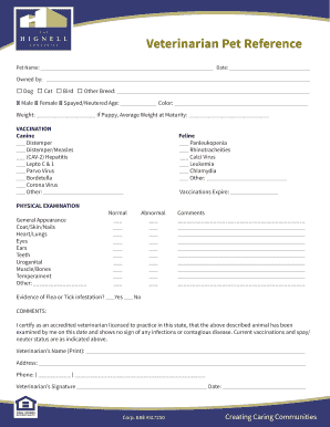Fillable Online Veterinarian Pet Reference - The bHignellb Companies ...