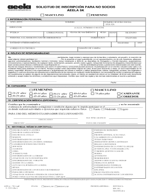 Fillable Online SOLICITUD DE INSCRIPCIN PARA NO SOCIOS AEELA 5K Fax ...