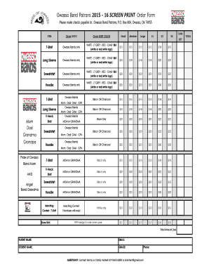 Fillable Online Owasso Band Patrons 2015 - 16 SCREEN PRINT Order Form ...