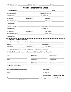 Fillable Online Date of enrollment: Date of discharge: Grade Childs Personal Data Sheet 1 Fax ...