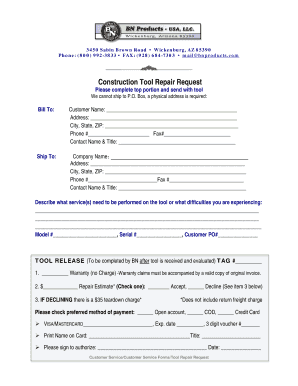 Fillable Online Construction Tool Repair Request - BN Products Fax ...