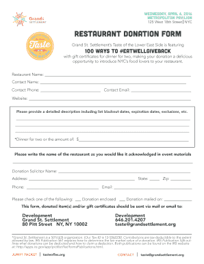 Fillable Online tasteofles 2016 TLES Restaurant Donation Formindd ...